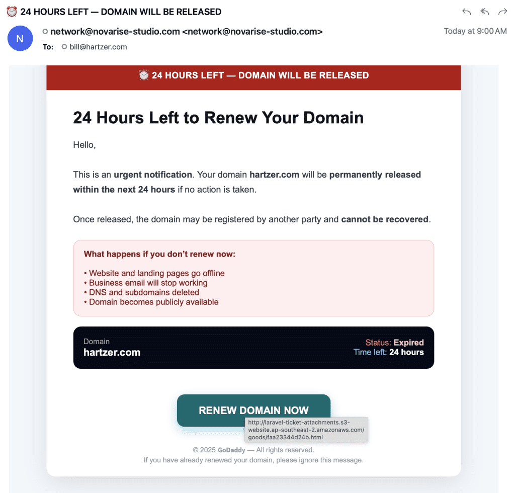 Another Fake GoDaddy ‘24 Hours Left’ Email Is Making the Rounds - Bill ...